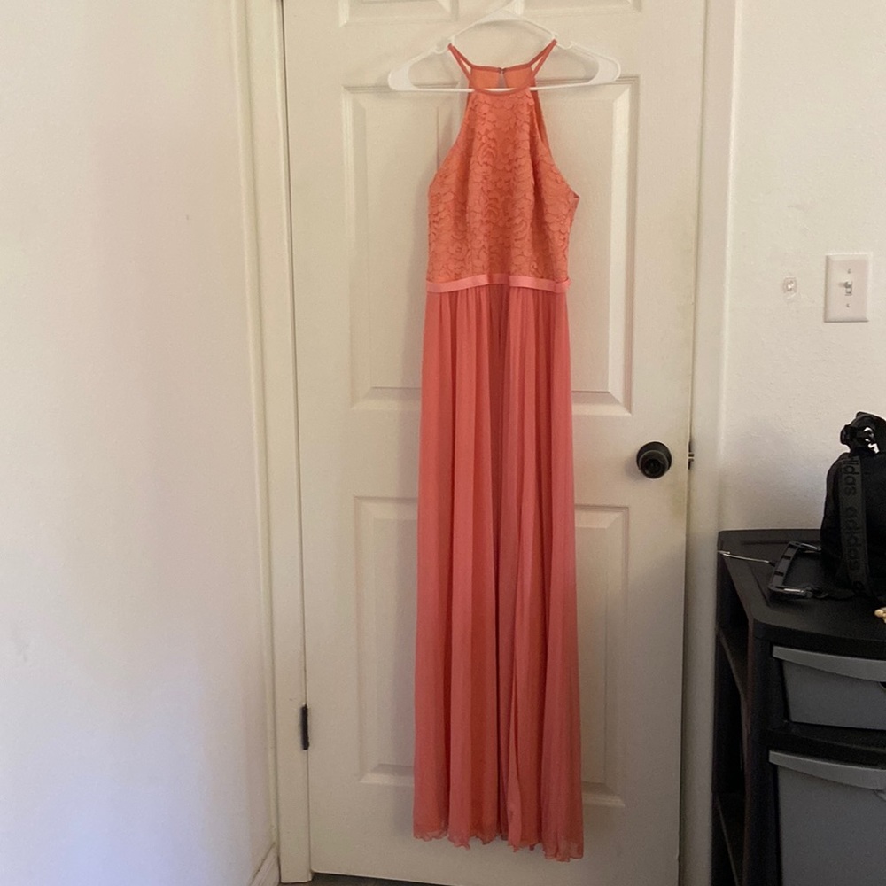 David’s Bridal Halter Open Back Long Lace Dress - Gem
